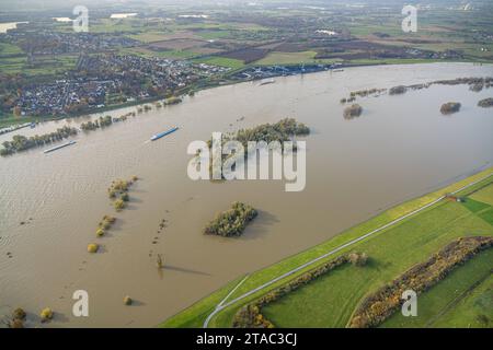 Luftbild, Fluss Rhein mit Hochwasser und Rheinpark Golzheim mit der ...