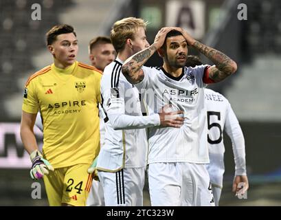 Eupens Victor Palsson reagiert auf ein Fußballspiel zwischen KAS Eupen ...