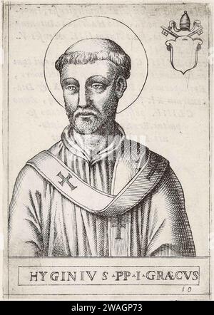 Ein Kupferstich von Papst Hyginus aus dem Jahr 1580, der von 136 bis ...