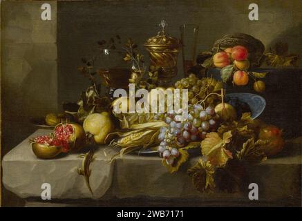 Stillleben von Mais, Granatäpfeln, Pfirsichen, Aprikosen, Pflaumen ...