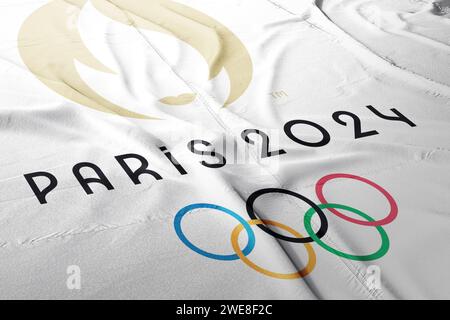 Draufsicht der Flagge der französischen olympischen Spiele 2024 mit Grunge . Ebenenkonstruktion ...