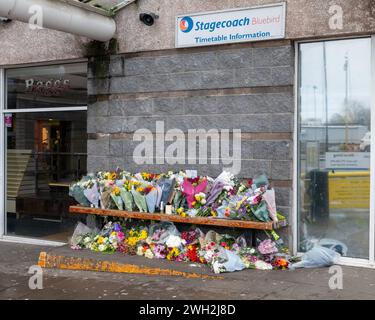 6. Februar 2024. Elgin Busbahnhof, Alexandra Road, Elgin, Moray ...