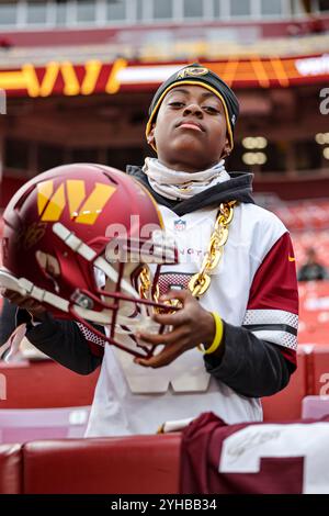A Washington Commanders' Football Helmet on the side deline at Fedex ...