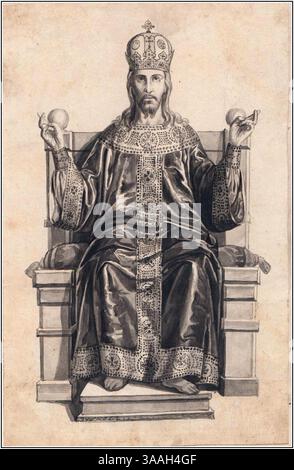 Skizze für das Gemälde des Tempels in Russland. Unterschrift unten auf dem Thronsockel ...