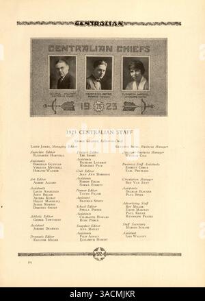 Das Jahrbuch „Centralian“ 1923 der Central High School zeigt Porträts von Schülern und ...