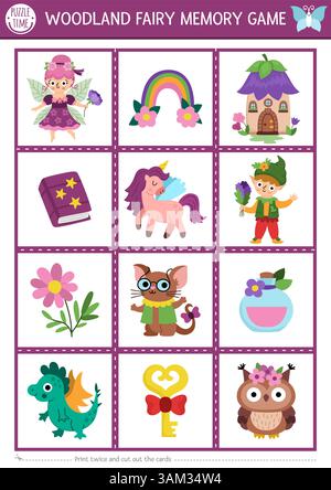 Vector Fairyland Memory-Spielkarten mit süßen Feenhäusern. Waldhäuser ...