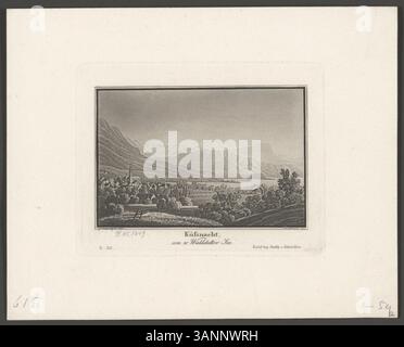 Dieser Aquatindruck zeigt einen Blick auf den Genfer See, der von ...