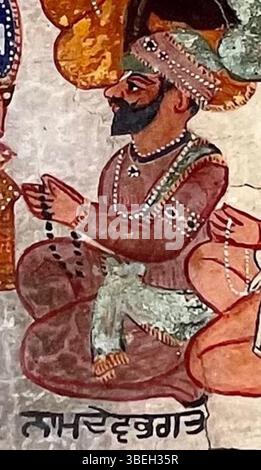 Dieses Fresko von Gurdwara Baba Bir Singh in Naurangabad zeigt Sahib Singh Bedi und Baba Sobha ...