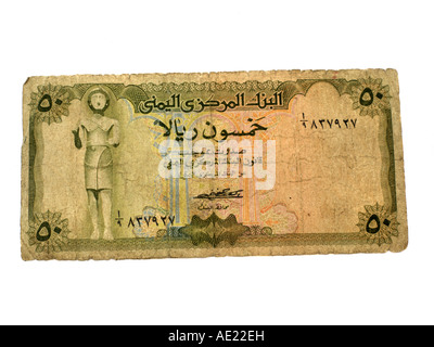 Jemenitische Währung - 50-Rial-Banknote mit der Bronzestatue von Ma ...