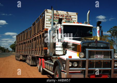 Lastzug, riesige rote Sattelauflieger / LKW beladen mit ...
