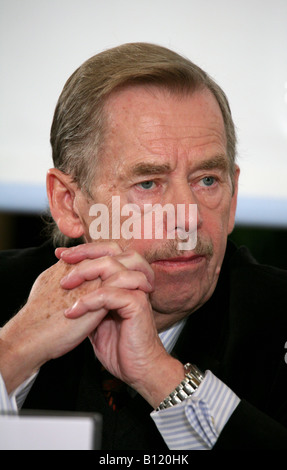 Former President of Czechoslovakia Vaclav Havel, right, listens to ...