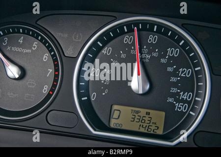 Nahaufnahme der Ein Auto Tacho mit der Nadel nach 50 km h, blur Effekt ...