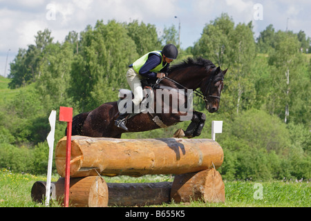 Ein Pferd und Reiter einen Zaun springen, während ein Springturnier ...
