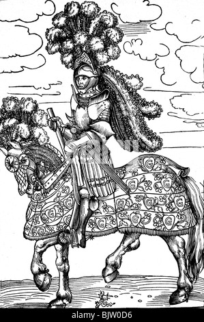 Mittelalter, Ritter, Ritter auf Pferd mit Pfeil und Bogen, englische Miniatur, 13./14 ...