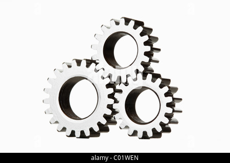 Closeup Foto von drei ineinandergreifende Zahnräder aus Metall ...