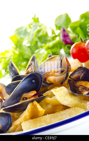 Pommes Frites mit Muscheln, eine belgische Spezialität Stockfotografie ...