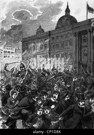 Revolution in Berlin im März 1848 - Gravur, nach dem Aufstand von Paris ...
