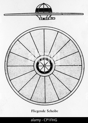 Raumfahrt, UFOs, Flugscheibe, entworfen von Schriewer, Querschnitt und ...