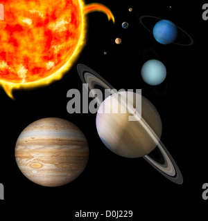 Digitale Illustration der Sonne und neun Planeten unseres Sonnensystems ...