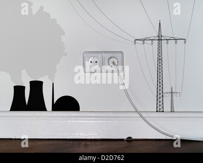 Einen Stecker in eine Steckdose zwischen Abziehbilder von ...