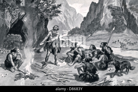 Steinzeit-Mann entdeckt Feuer. L ' Homme Primitif veröffentlichte 1870 ...