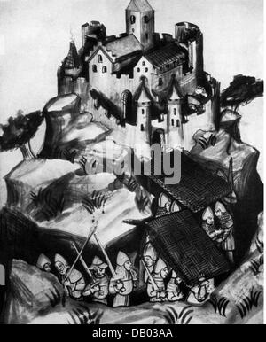 Mittelalter, Ritter, Belagerung einer Burg, Holzgravur, 19. Jahrhundert ...