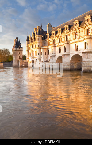 Der Fluss Cher und Schloss Chenonceau beleuchtet von der untergehenden Sonne, Indre-et-Loire ...