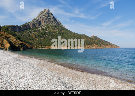 Strand in der Bucht von Adrasan, markante felsige Hügel am Rücken ...