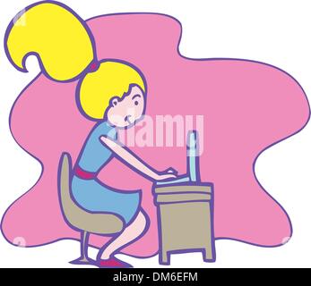 Frau Tippen auf Laptop Tastatur. Comic cartoon Pop Art retro Vektor ...