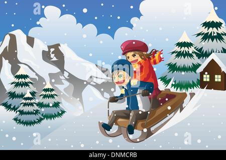 Eine Vektor-Illustration von Kindern Rodeln im Schnee spielen Stock ...
