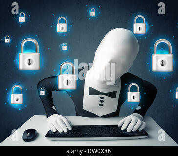 Hacker in der Verkleidung mit virtuellen Schloss Symbole und Ikonen ...