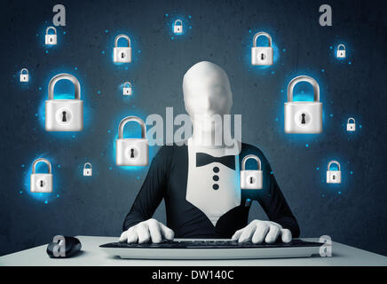 Hacker in der Verkleidung mit virtuellen Schloss Symbole und Ikonen ...