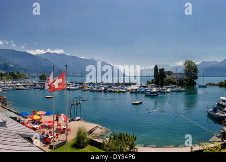 Hafen, Genfer See, Leman, Stadt, Dorf, Wasser, Sommer, Berge, See, La ...