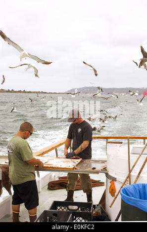 Zwei Fischer segeln auf einem Boot mit Angelruten, um Fische auf dem ...