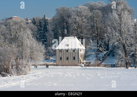 Goethes Gartenhaus im Winter, Ilm-Fluss mit dem Park an der ILM ein ...