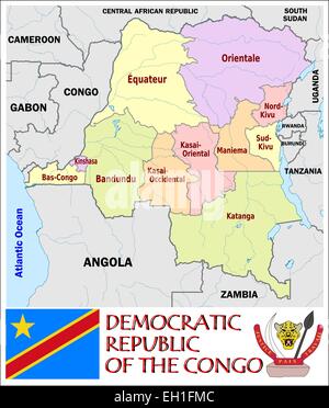 Kongo Demokratische Republik politische Karte mit Hauptstadt Kinshasa, Landesgrenzen, die ...