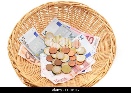 Eine Spende Korb für Sammlung. Geldspenden mit Euro, Ein Spendenkorb ...