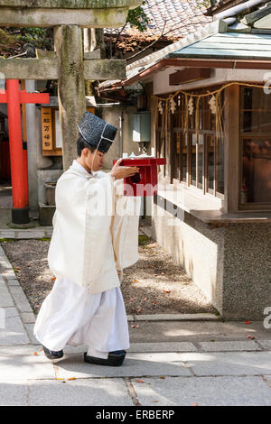 Shinto Priester trägt weiße Roben trägt eine Shaku (hölzerne Keule) am ...