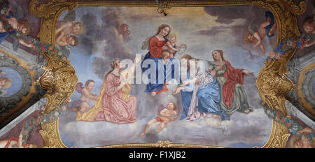 Jungfrau Maria mit dem Jesuskind umgeben von Heiligen, Symbol in der Kathedrale Notre Dame ...