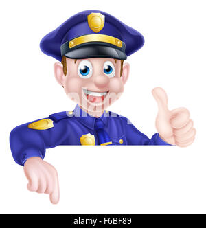 Ein Cartoon Polizei Mann beugte sich über ein Schild winken und geben ...