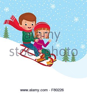 Eine Vektor-Illustration von Kindern Rodeln im Schnee spielen Stock ...