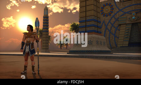 3D Computergrafik eine ägyptische Landschaft mit Pyramiden, Dattelpalmen und ein Mann im alten ...