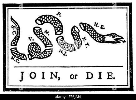Die amerikanische Revolution, Join oder sterben, zeigt Benjamin Franklins Warnung an den ...