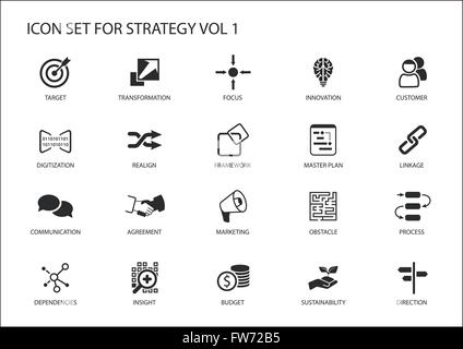 Strategie-Icon-Set. Verschiedene Symbole für strategische Themen wie ...