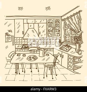 Hand gezeichnet Küche mit Fenster. Skizze mit einem Stift Stockfoto ...