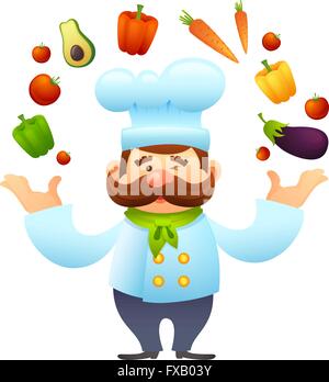 Koch-Comic-Charakter mit Hut und Gemüse vegetarische Zutaten Zwiebel ...