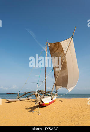 Traditionelle Katamaran Fischerboot, aka Oruva, mit einem weißen Segel ...