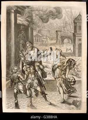 Aeneas flieht Troy, mit Vater Anchises auf die Schulter und die Penaten ...
