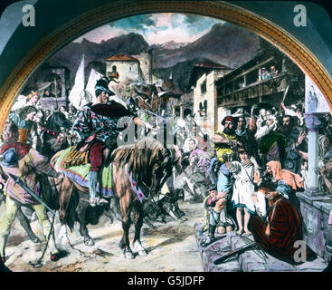 Aus Dem Drama von Schiller: Vogt Gesslers Tod, Gemälde, Schweiz, 1920er ...