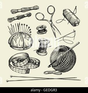 Nähset. Vintage Vektor maßgeschneiderte s Werkzeuge scheren, Nähmaschine, Nadeln, Fingerhut ...